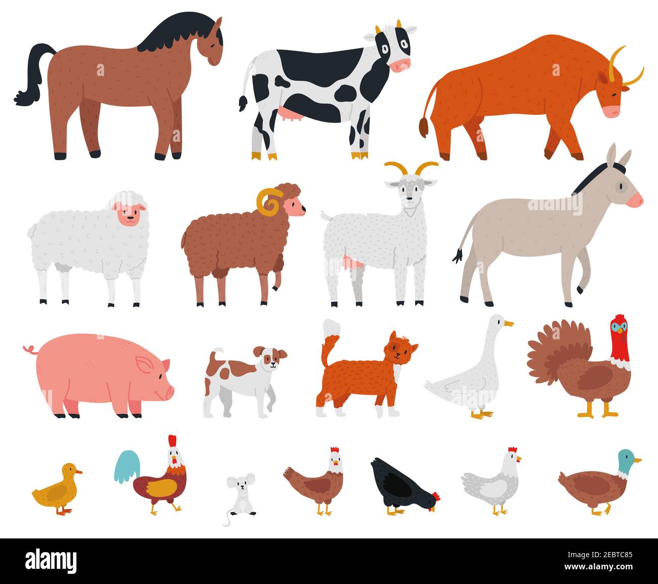 Farm animals. Livestock and cute pets, horse, cow, bull, goat, dog ...