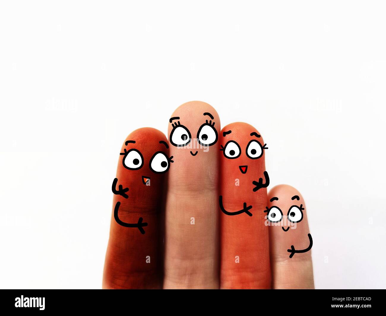Four fingers are decorated as four ladies in different age. They have ...