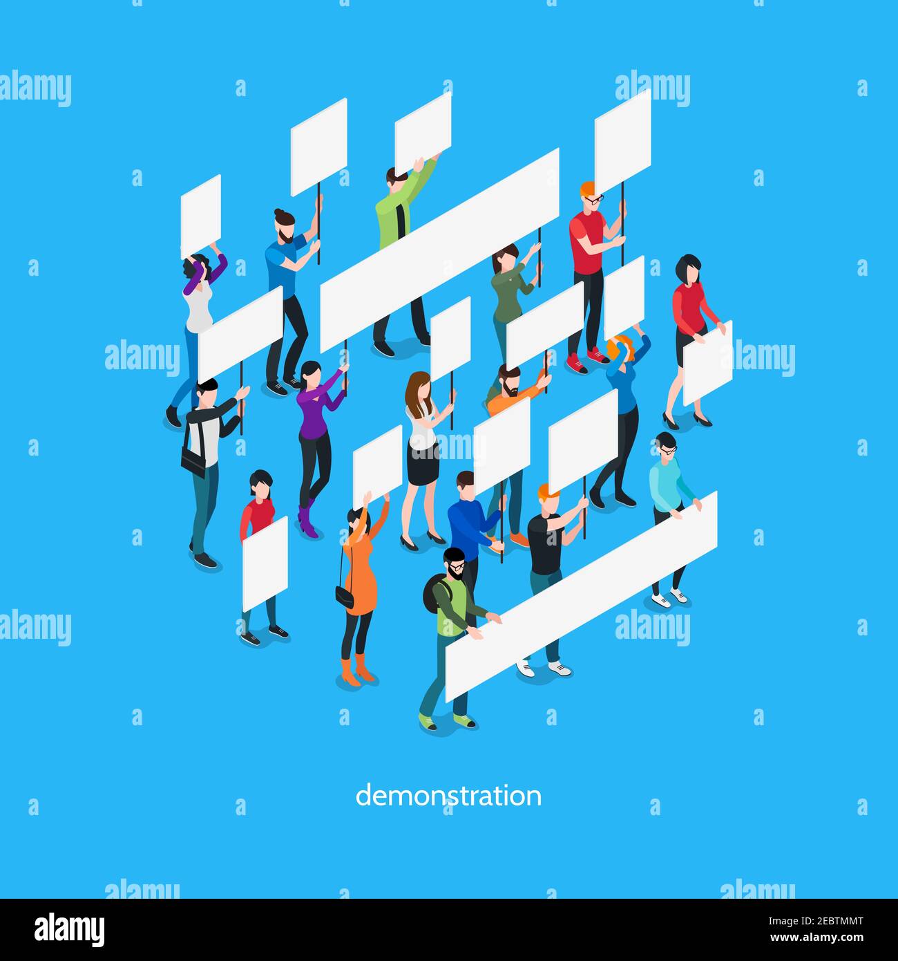 Demonstration isometric template with group of people holding placards ...