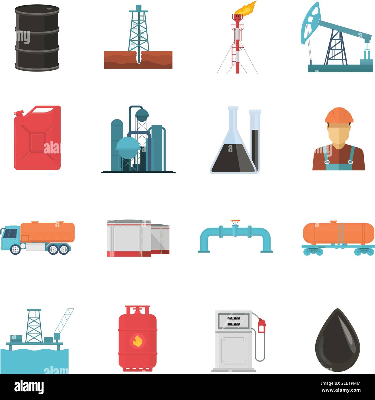 Oil and gas industry isolated icon set with power plants vessels jars ...