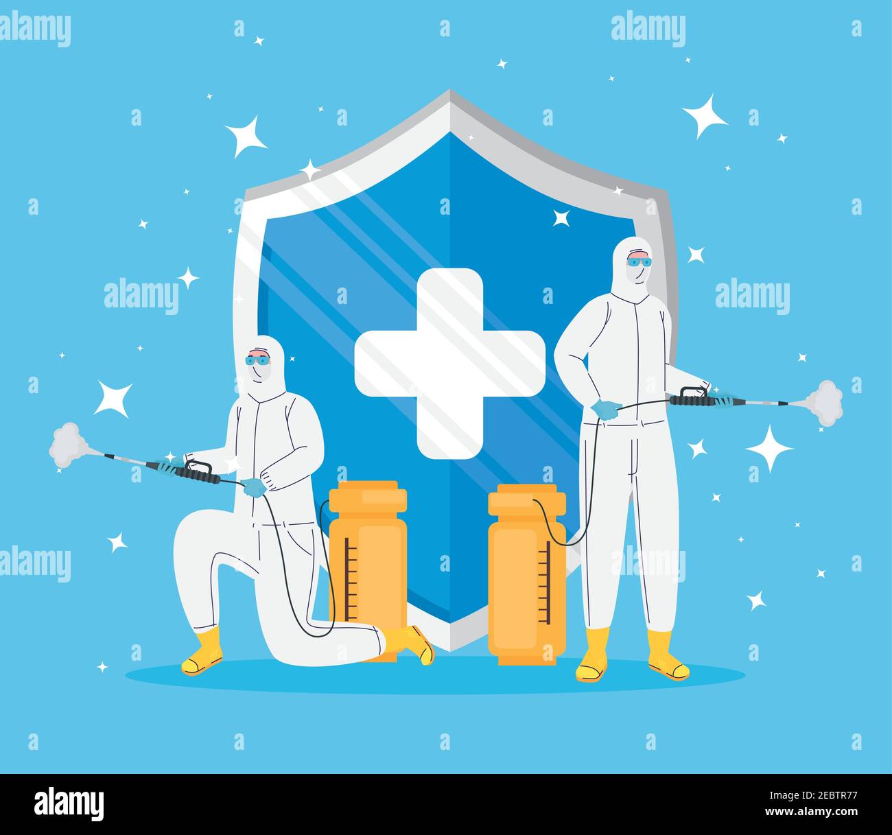 workers wearing biohazard suits and shield characters Stock Vector ...