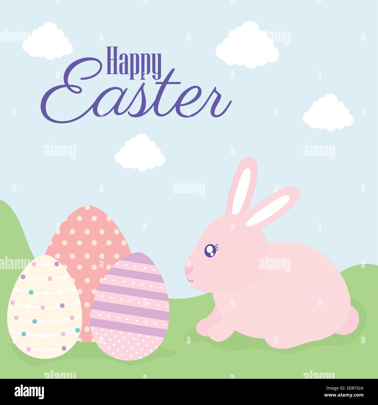 happy easter lettering, easter eggs and one cute pink rabbit Stock Vector Image & Art - Alamy