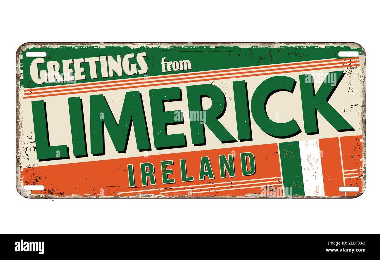 Greetings from Limerick vintage rusty metal plate on a white background ...