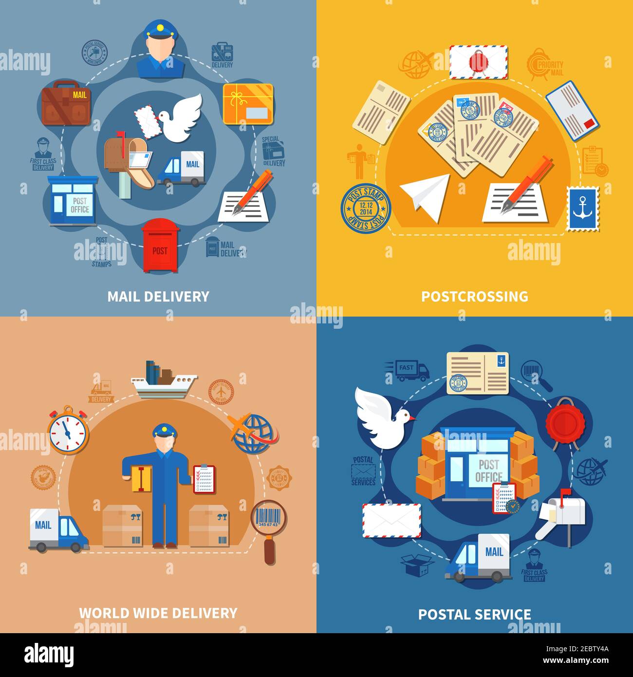 Colorful compositions in flat style including postal service world wide ...