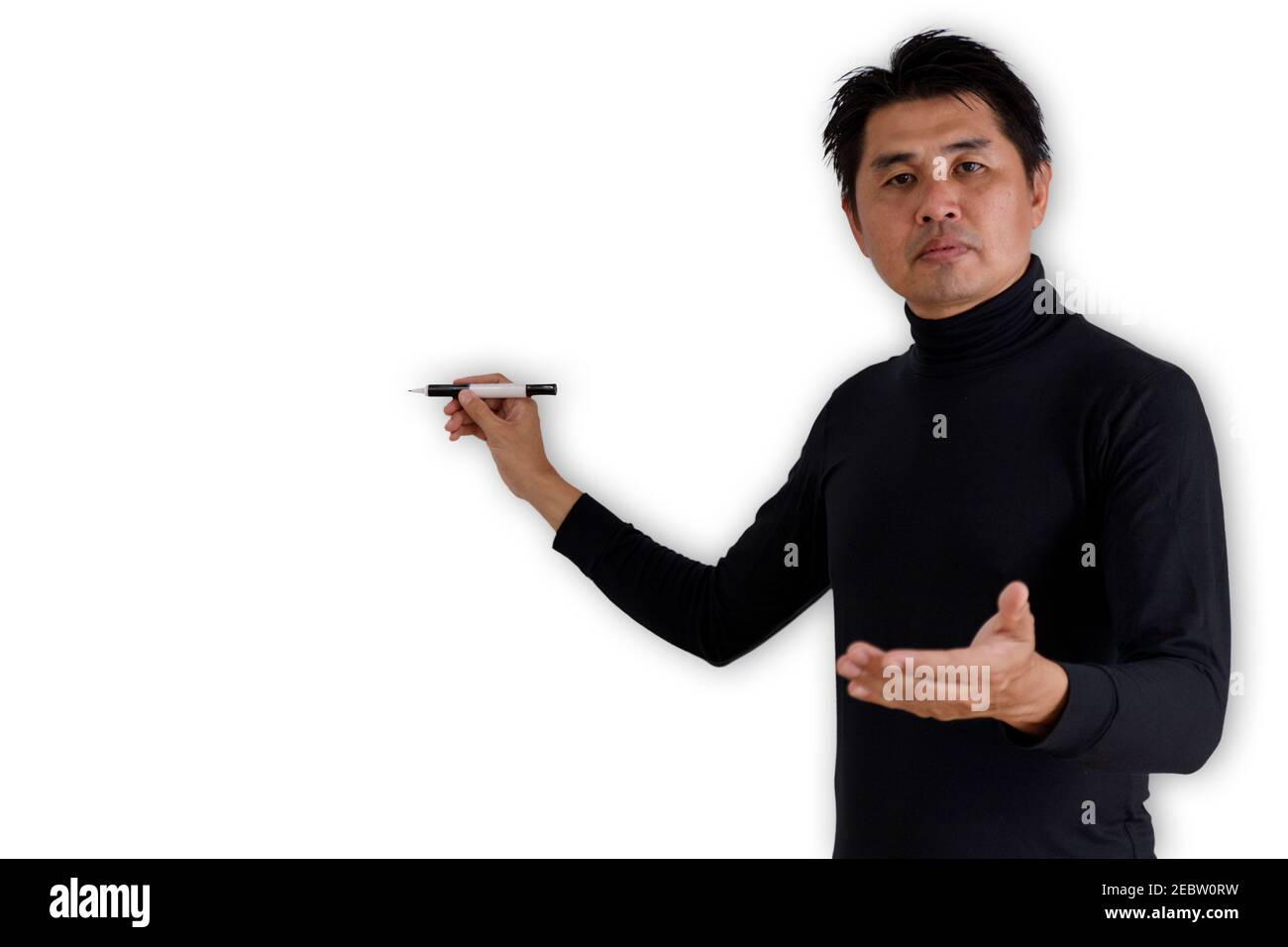 Business man pointing with pen on white background. Teacher, professor ...