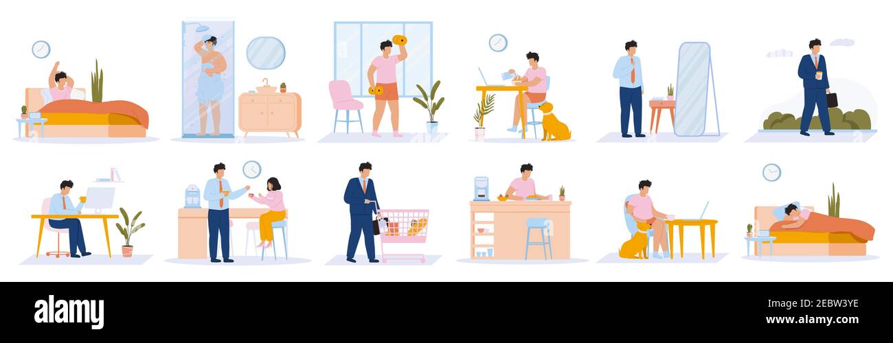 Daily man routine. Young guy everyday leisure and work activities ...