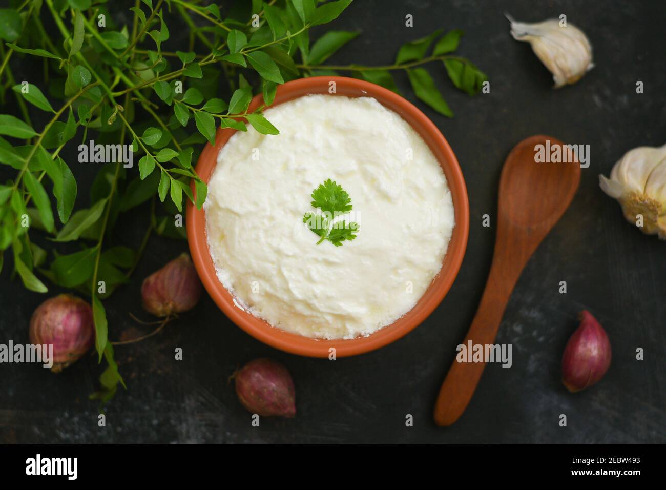 Bowl of homemade sour cream curd yogurt Dahi fresh herbs curry leaf ...