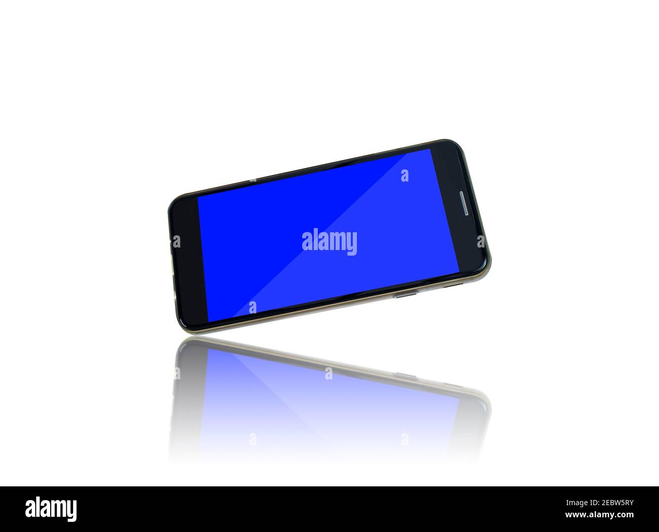 Modern black smartphone with blank blue screen isolated on white ...