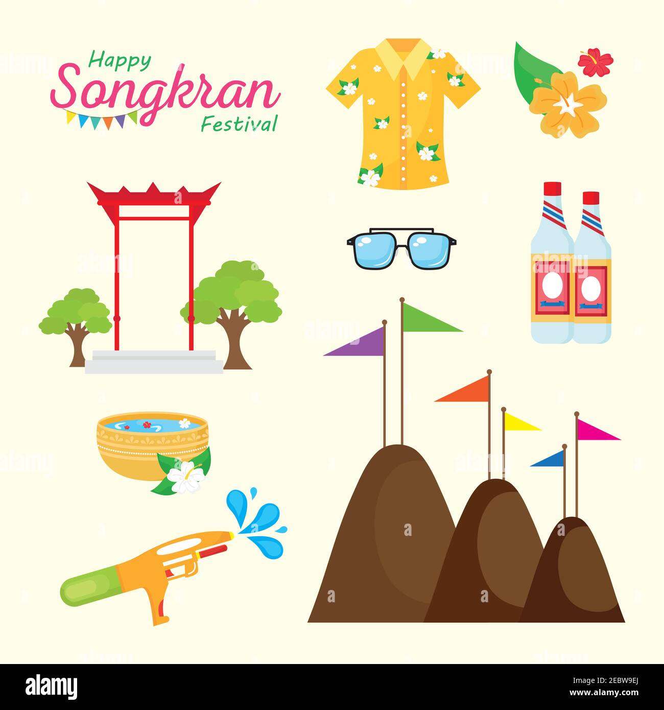 happy songkran festival lettering with set icons Stock Vector Image ...