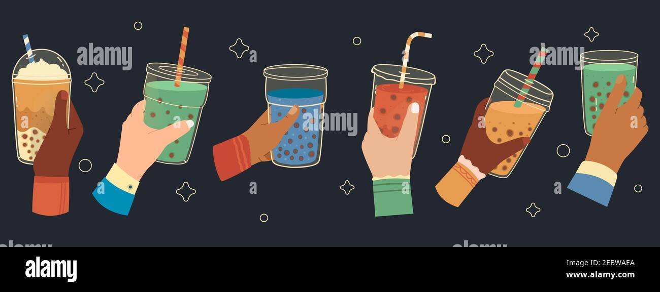 Bubble tea cups in hands. Sweet boba tea, hand holding bubble tea cup ...