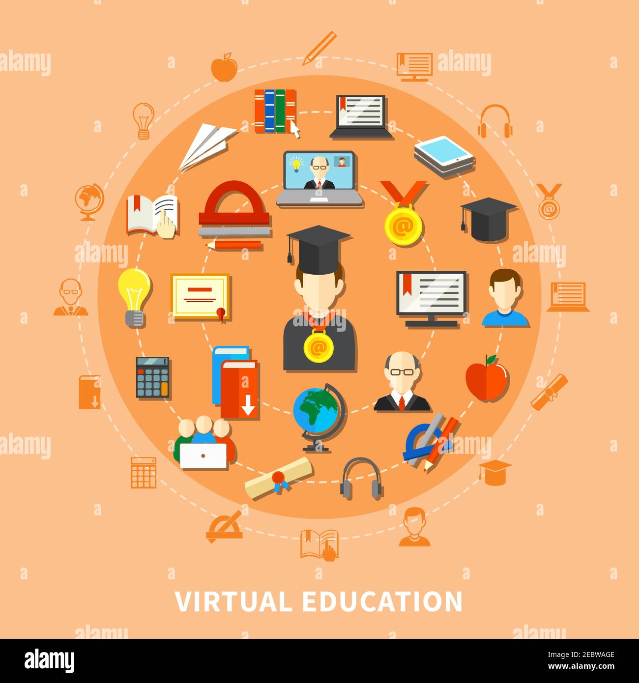 Virtual education flat composition with isolated icon set combined in ...