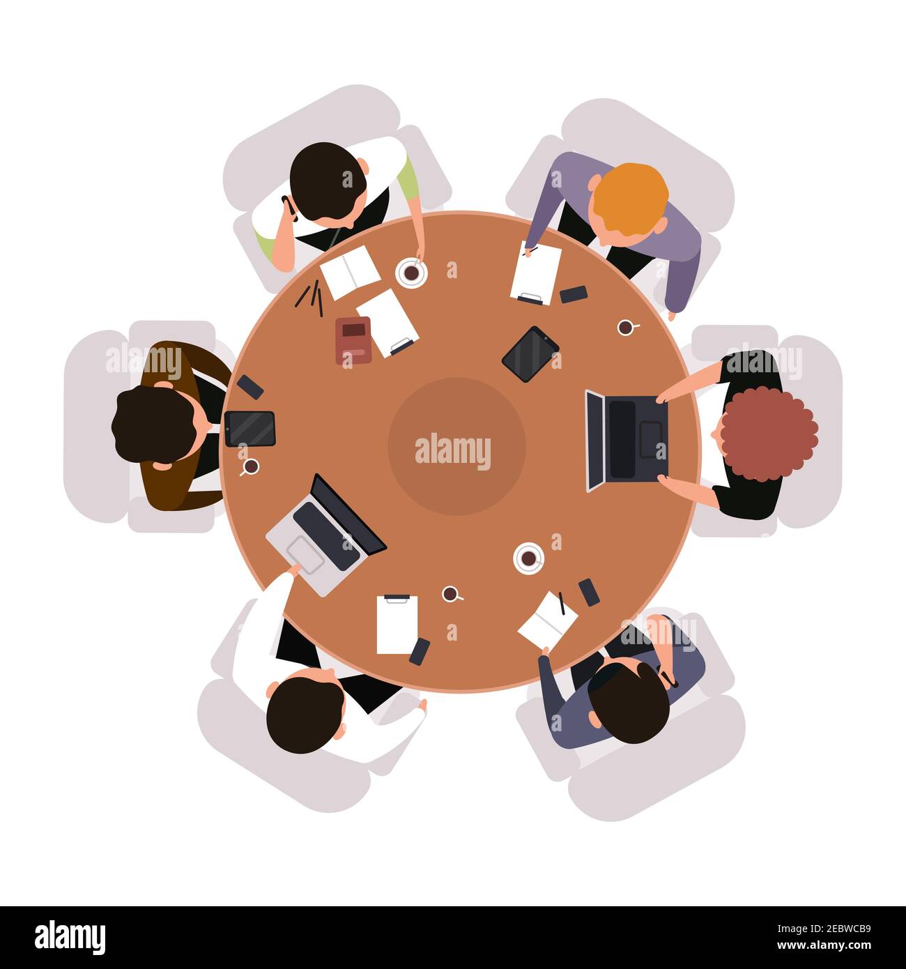 Business meeting top view. Office workers brainstorming or meeting at ...