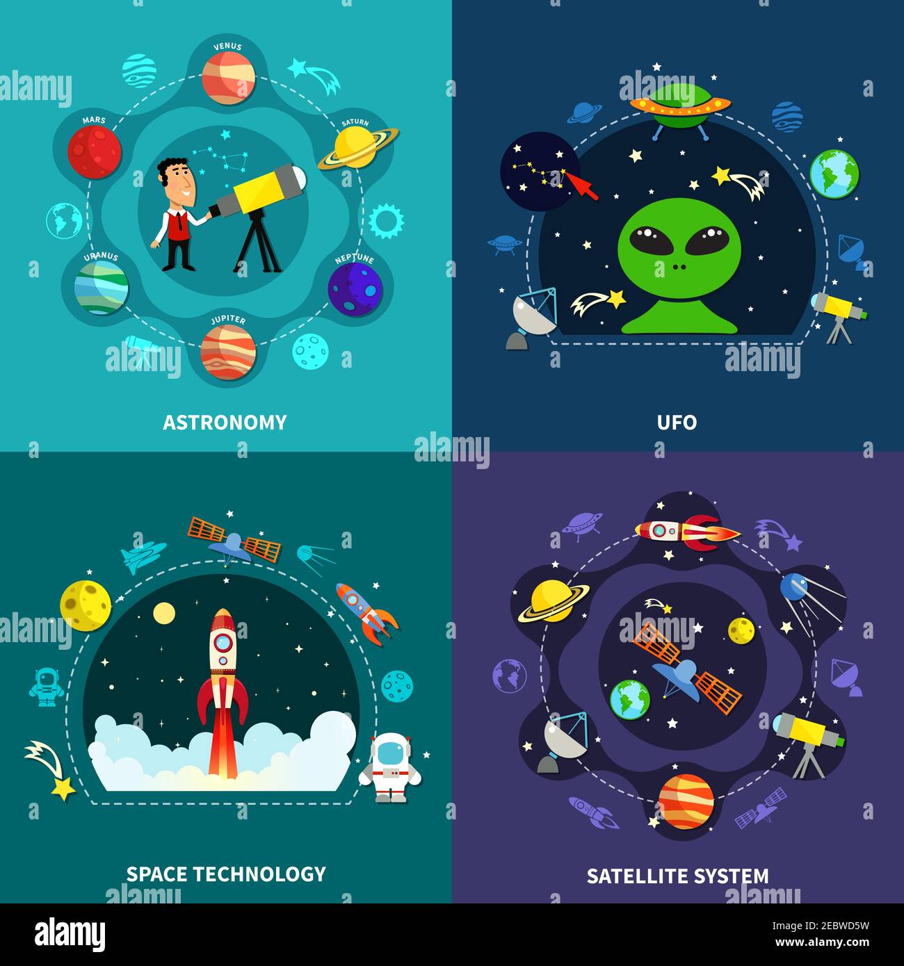 Space exploration concept icons set with astronomy and UFO symbols flat ...