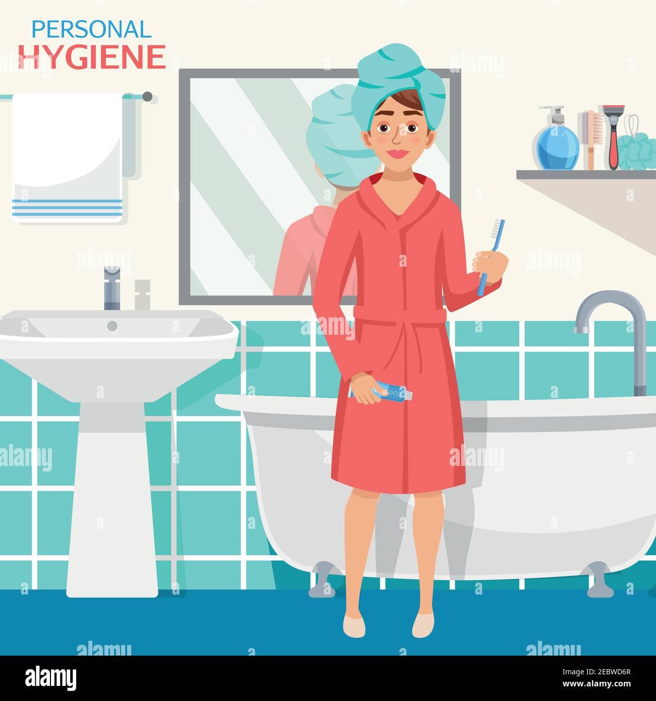 Hygiene cartoon style background with human character in bathrobe and ...