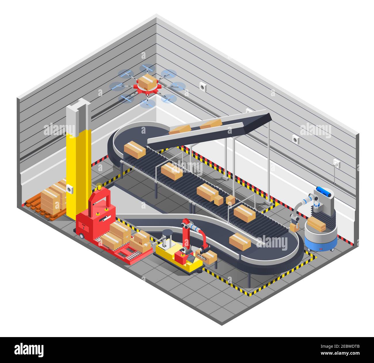 Automatic robotic warehouse section isometric interior with conveyor ...