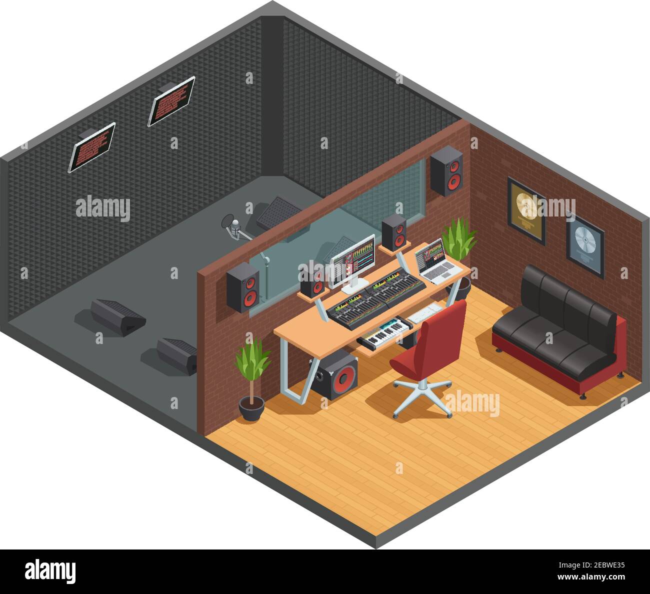 Music studio isometric interior composition with vocal recording ...
