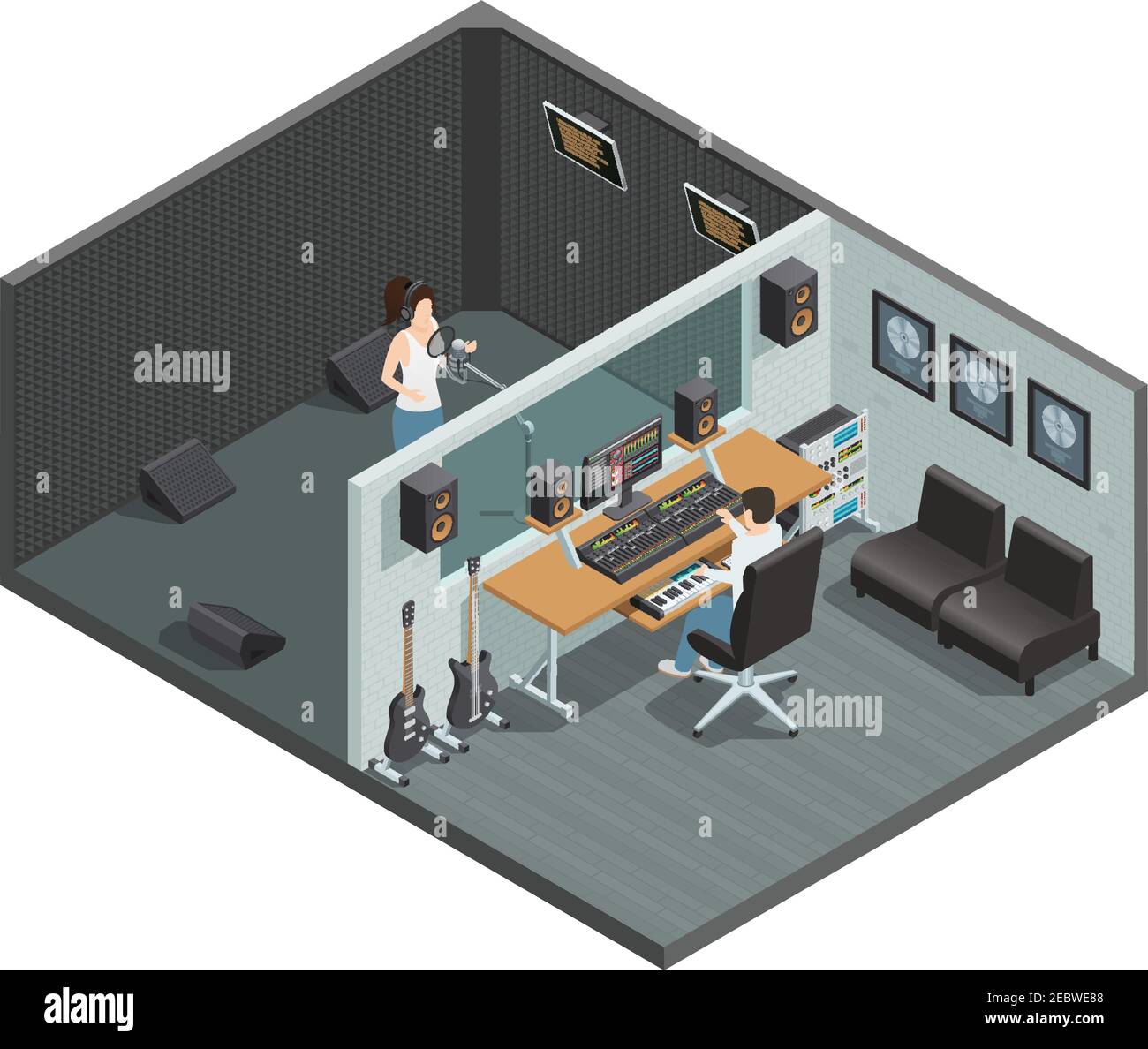 Isometric interior of music studio with soundproof booth for vocal ...