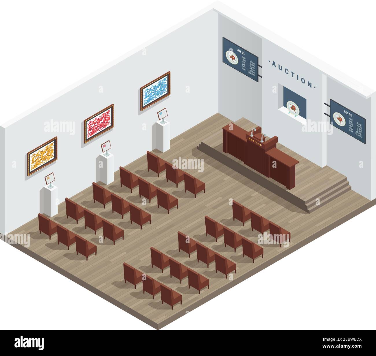 Auction room isometric interior with auctioneers tribune bidders chairs ...