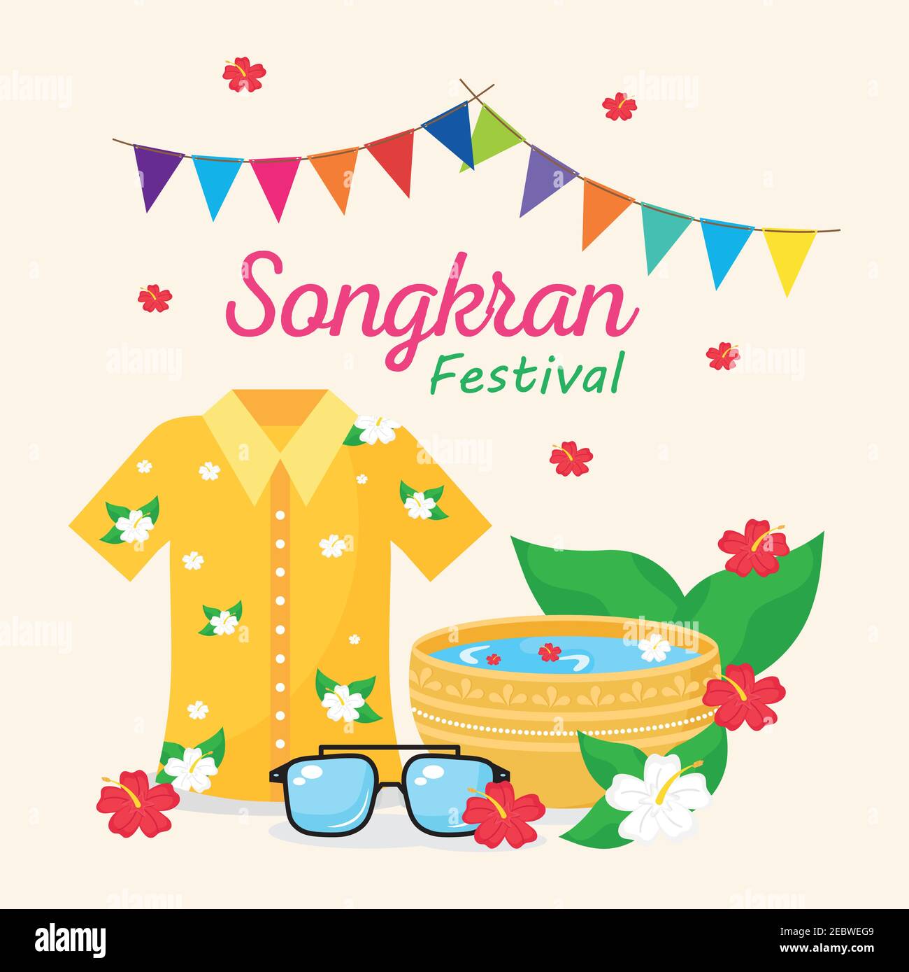 happy songkran festival lettering with garlands and icons Stock Vector ...