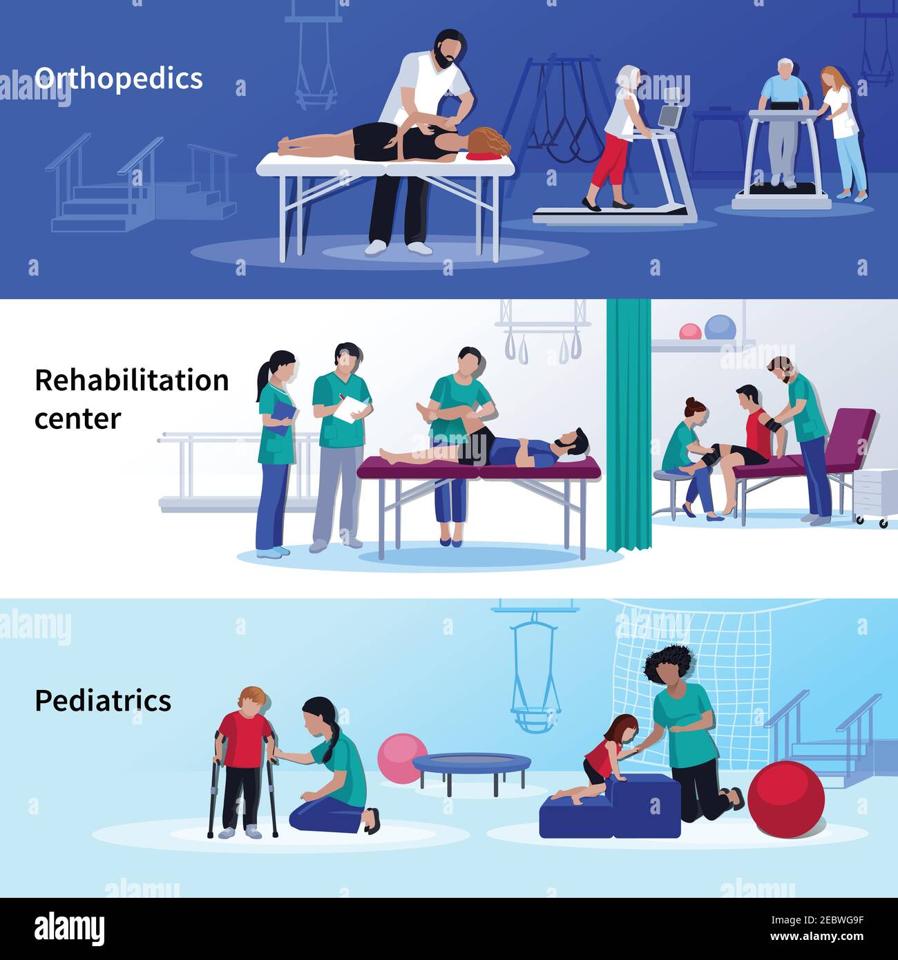 Rehabilitation medical center 3 flat horizontal banners set with ...
