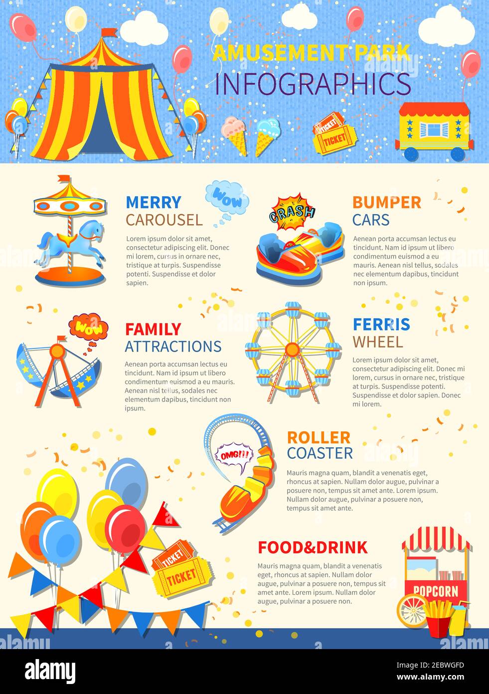 Amusement park infographics layout with carousel and attractions vector ...