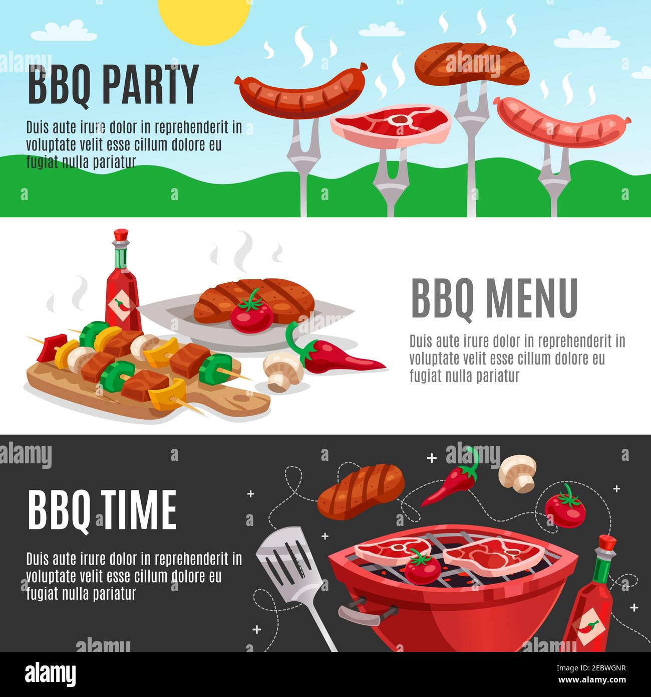 Bbq banners set with summer outdoor background meat skewers carving ...
