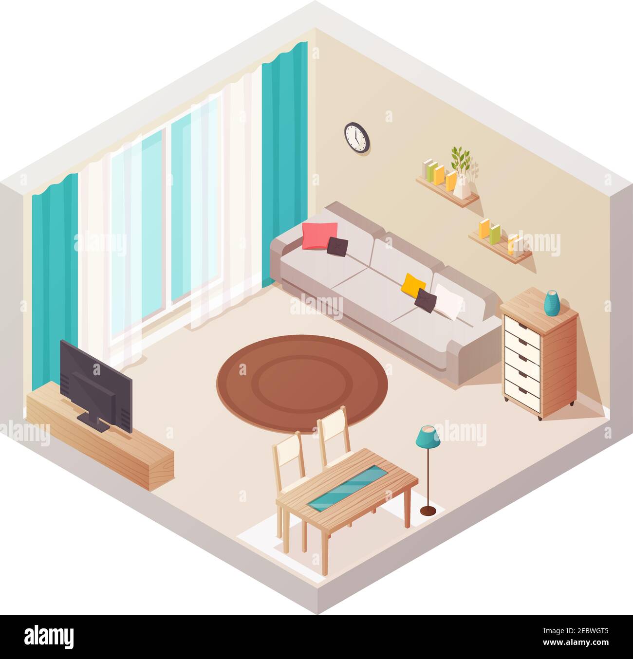 Sitting room isometric interior design composition with cumbersome ...