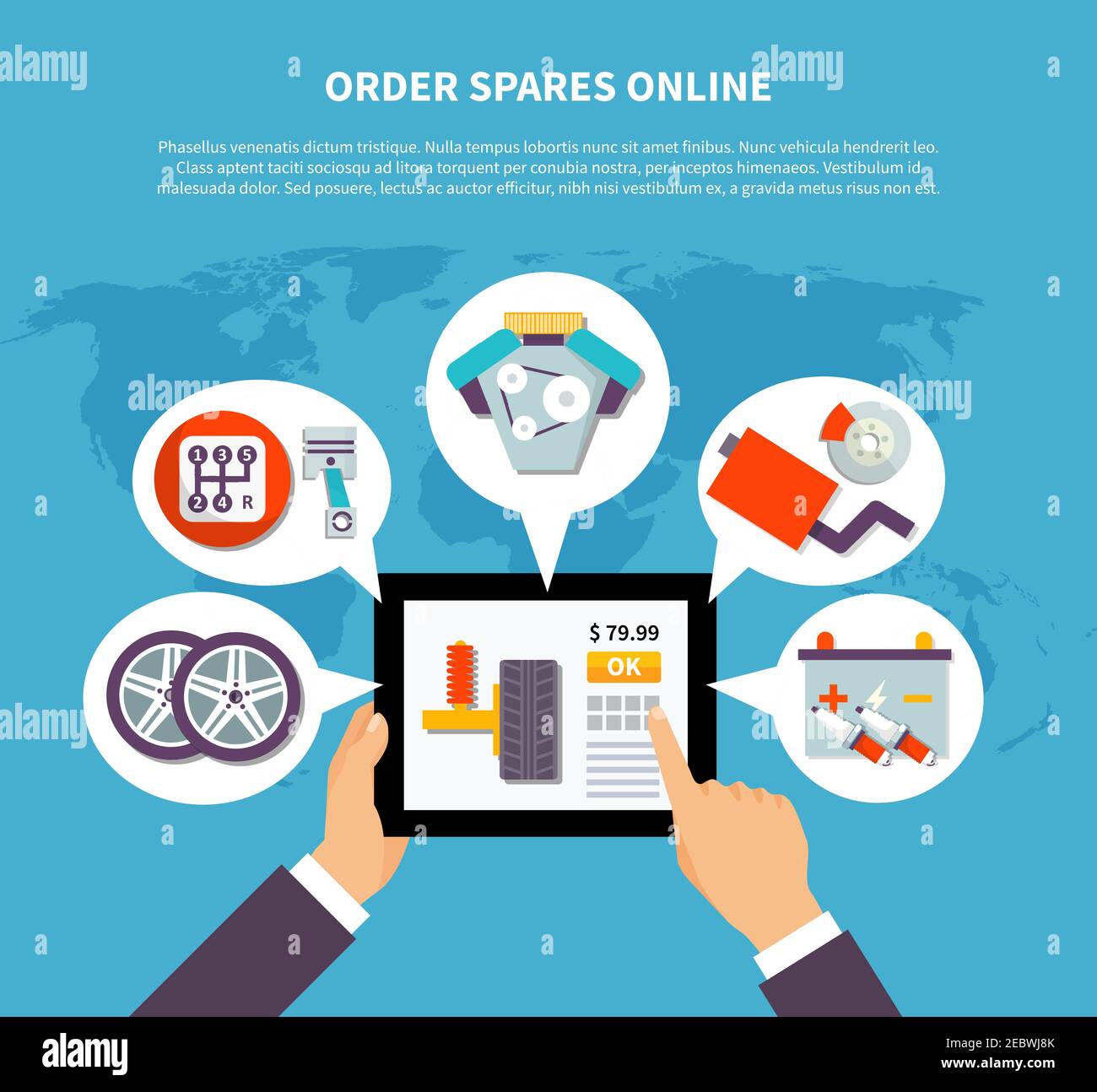 Order auto spares online design concept with battery wheels brake pads ...