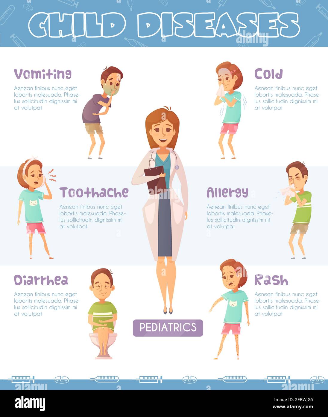 Child diseases cartoon infographics with funny children and female ...