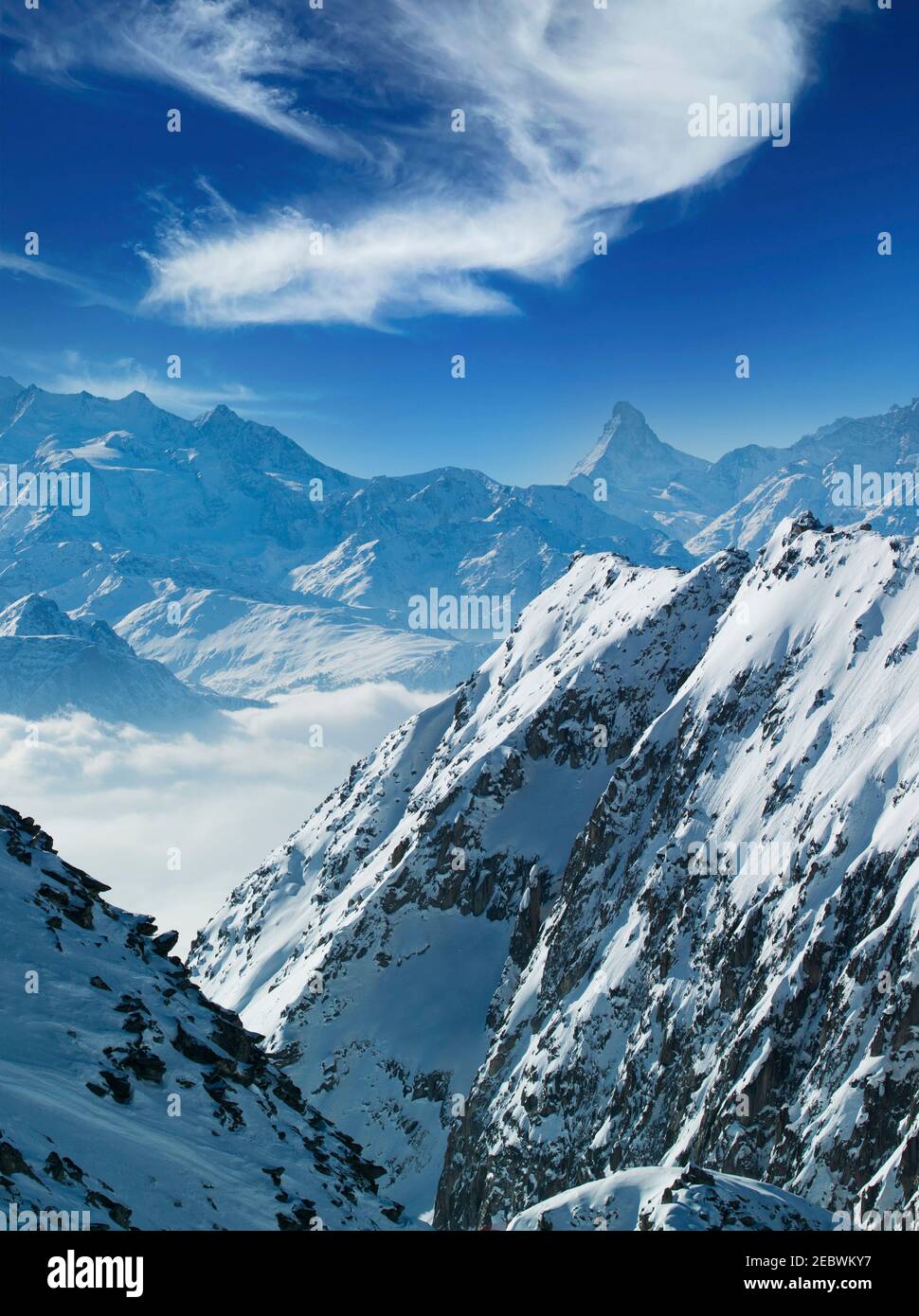 Switzerland, Canton Wallis, Brig, Snow covered mountains in winter ...