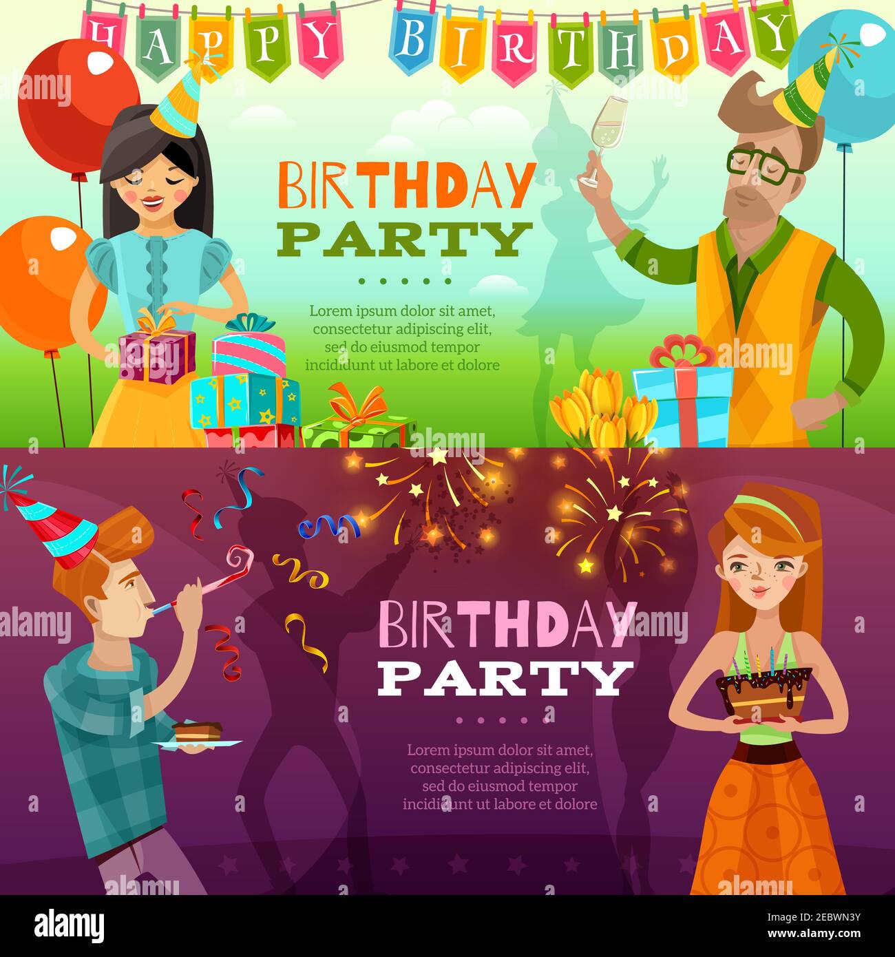 Birthday party celebration 2 festive horizontal banners set with ...