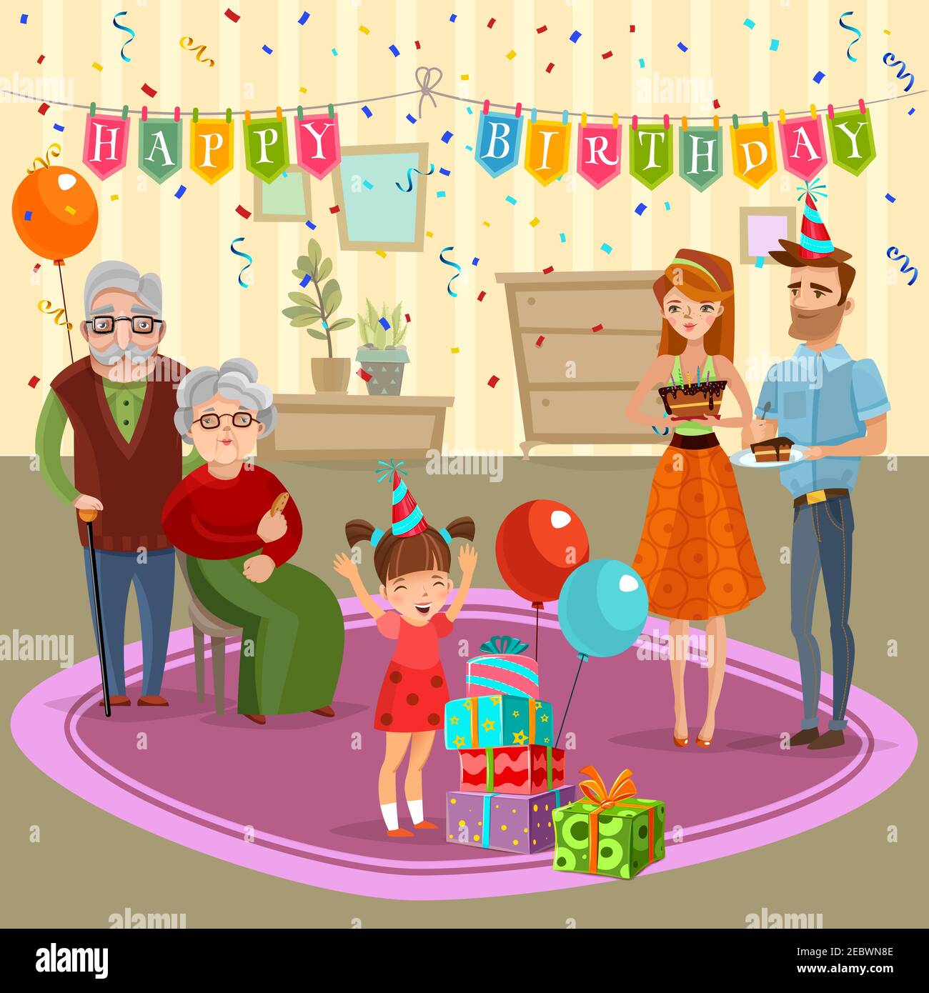 Little girl birthday family celebration with parents grandparents and ...