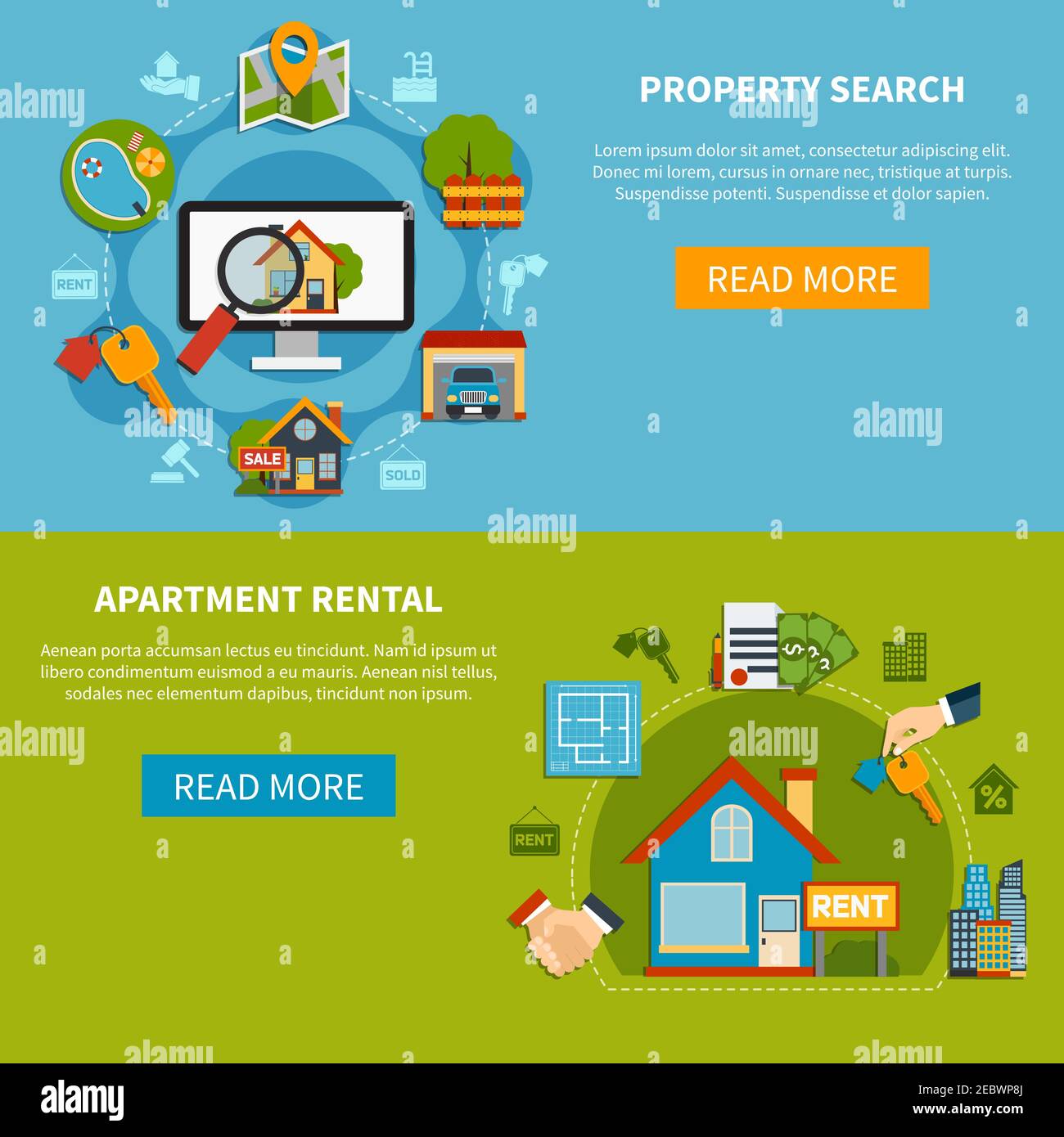 Colorful horizontal real estate banners with property search and ...