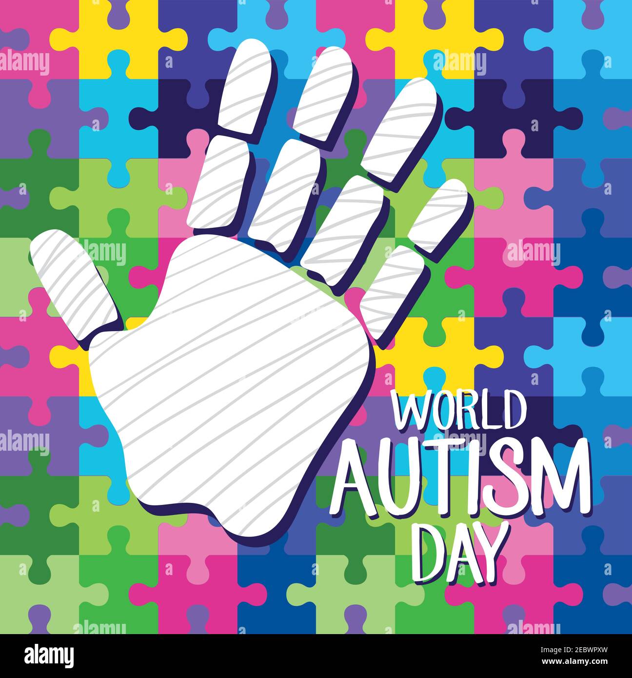 world autism day lettering with hand painted in puzzle pieces ...