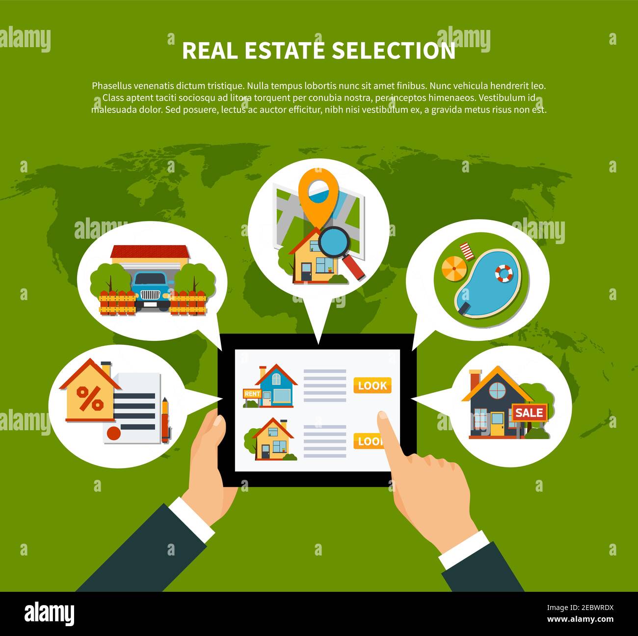 Flat design real estate online selection concept on green background ...
