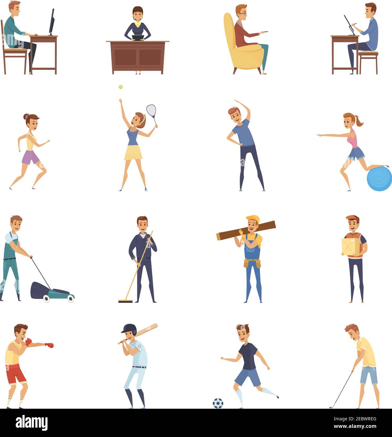 Physical activity and lifestyle isolated icons set with cartoon ...