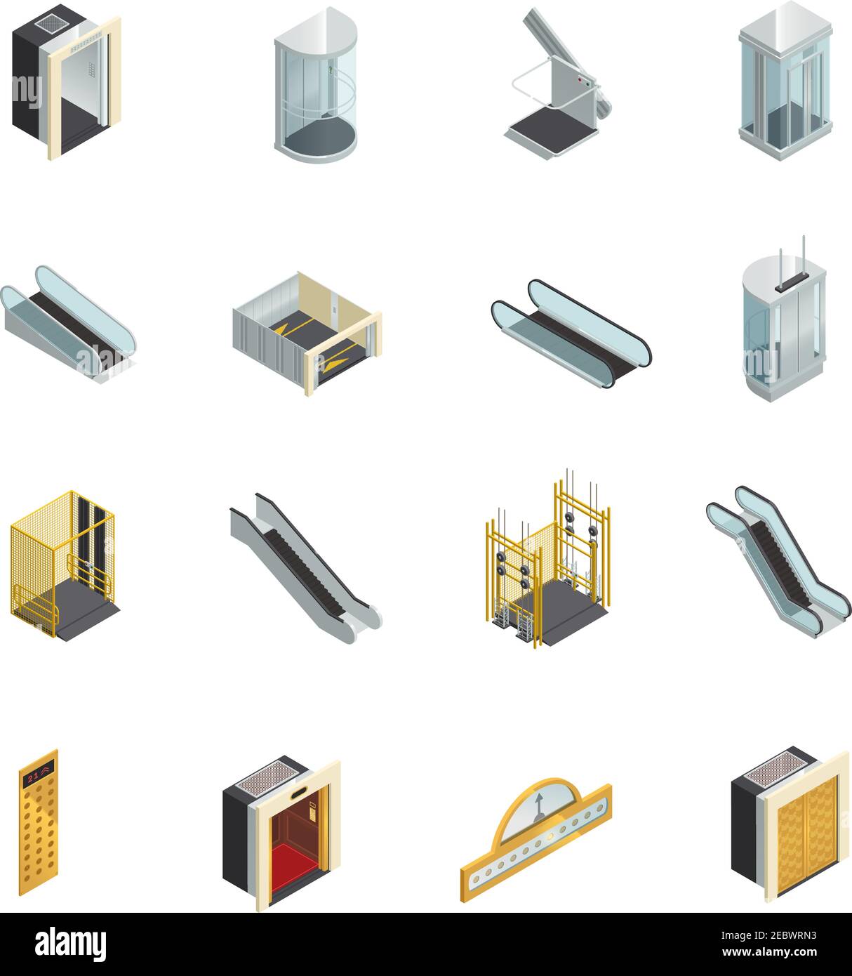 Elevator lift escalator isometric icons set with moving staircases ...
