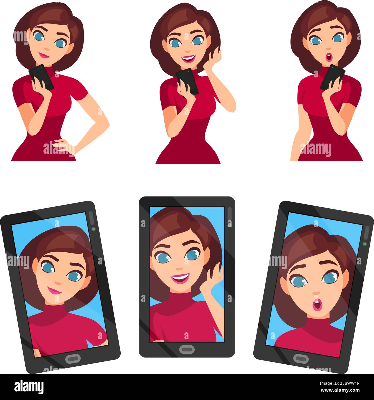 Selfie photo template with young girl different emotions poses and ...