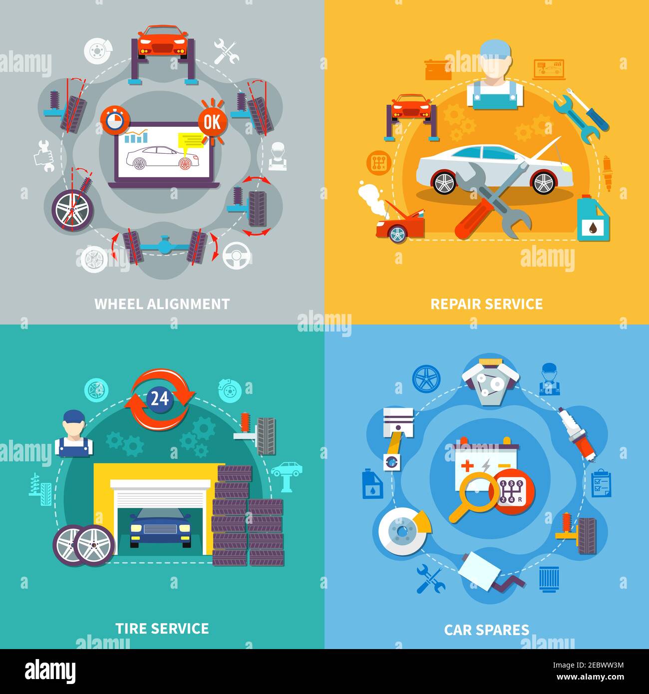 Auto service 2x2 design concept with tire service wheel alignment ...
