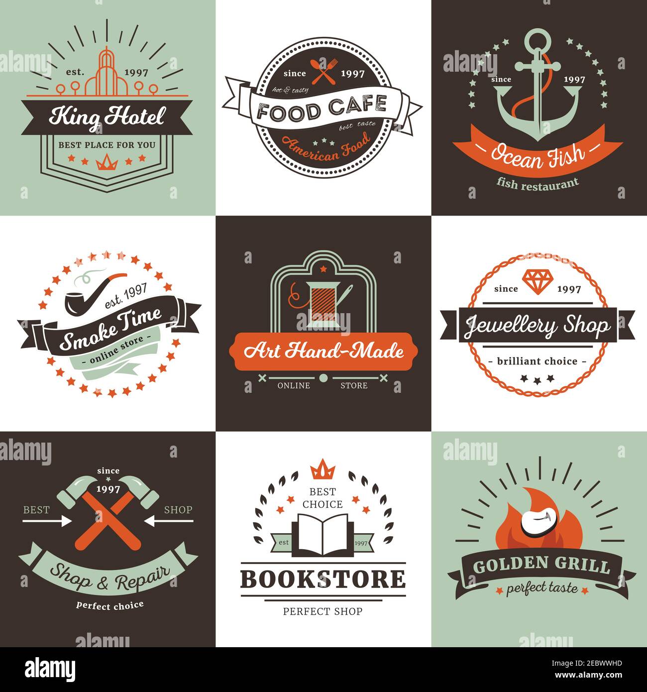 Vintage logos of shops hotel and cafe design concept with ribbons rays ...