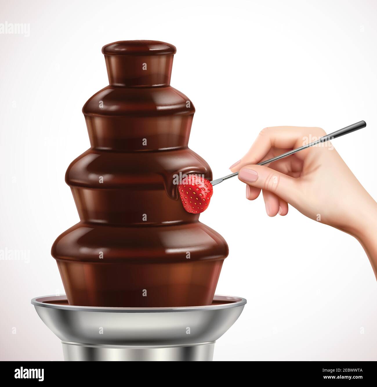 Colored realistic with dip strawberry into chocolate fountain ...