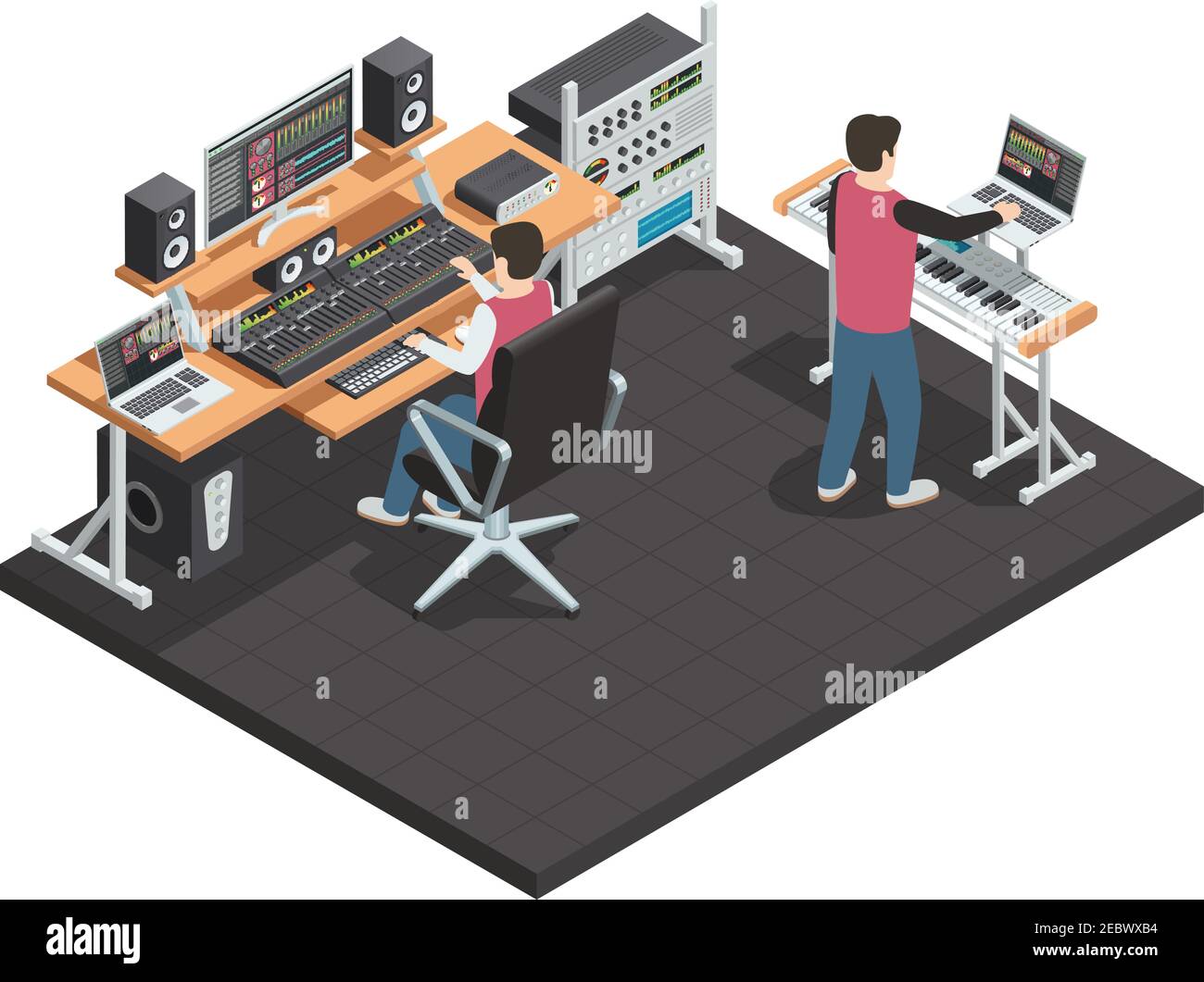 Music production studio room isometric interior with sound engineer and ...