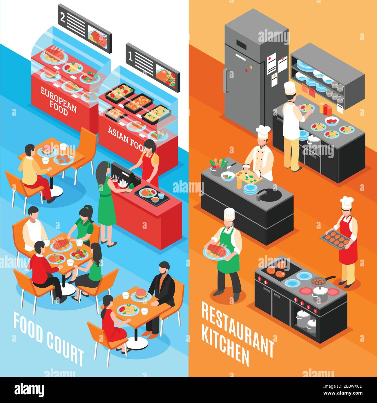 Set of two food court vertical banners with isometric interior ...