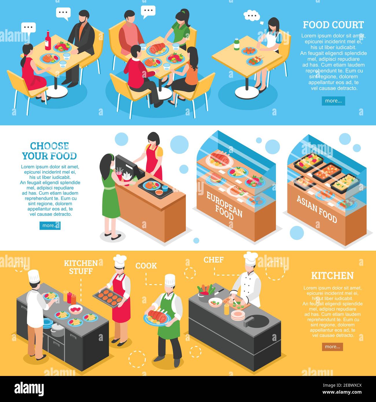 Three food court horizontal banners set with isometric restaurant ...