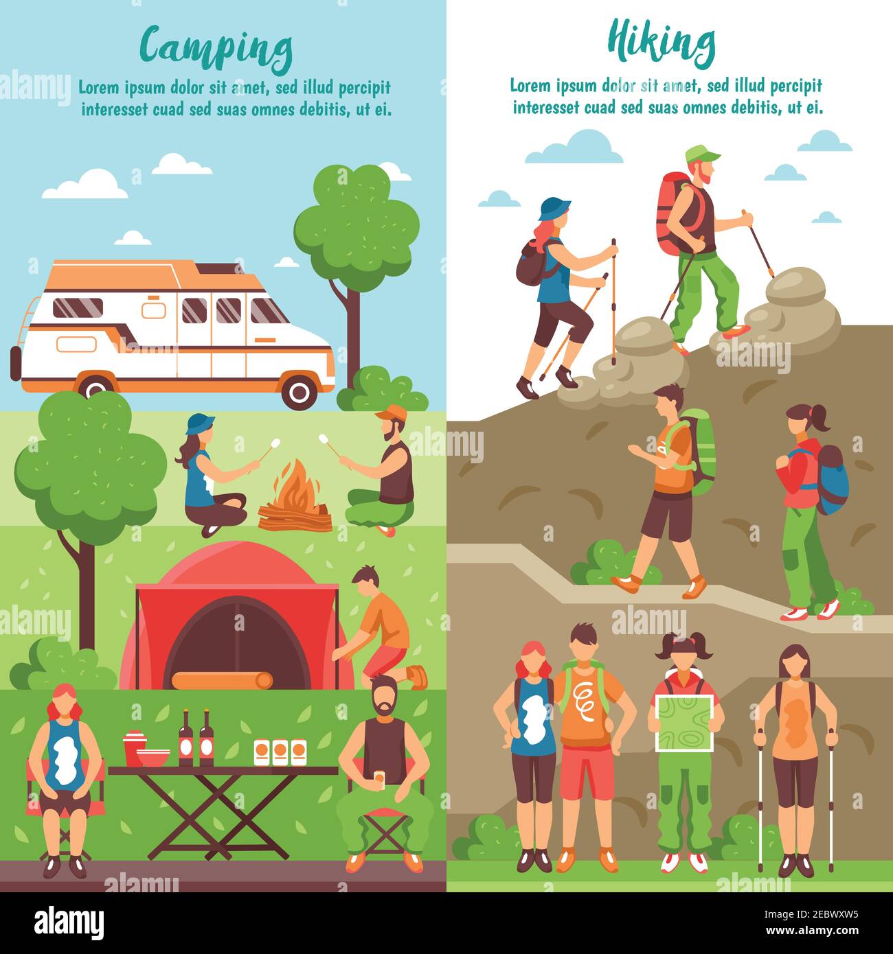 Camping hiking vertical banners set with editable text and compositions ...