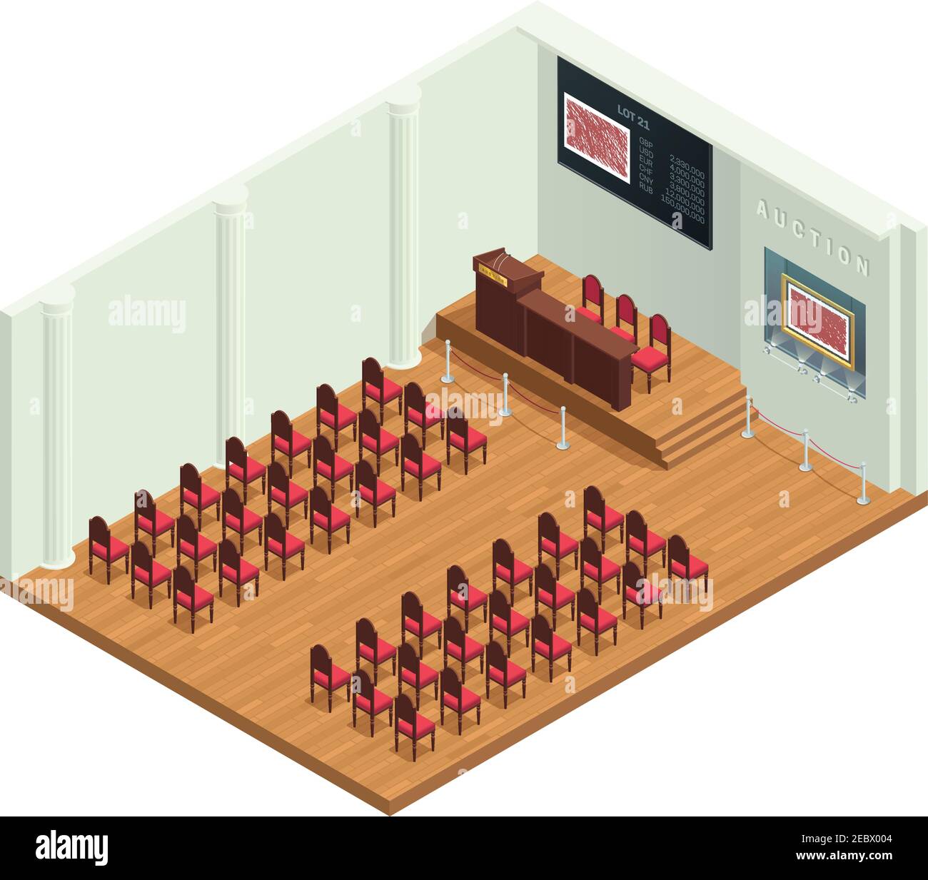 Retro style auction room isometric interior with luxury bidders chairs ...