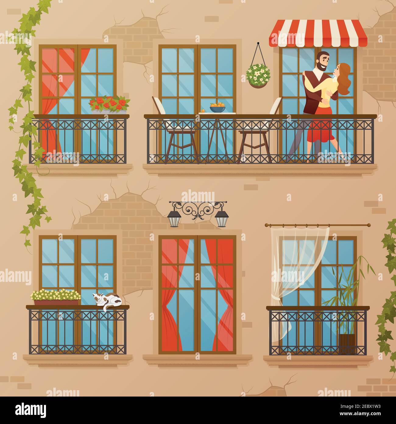 Classical architecture balconies set with flat image of townhouse wall ...