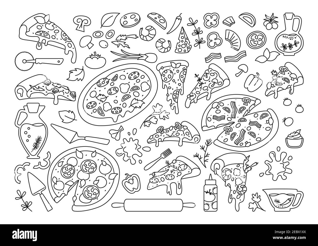 Pizza cartoon black line set. Italian hand drawn pizzas with greens ...