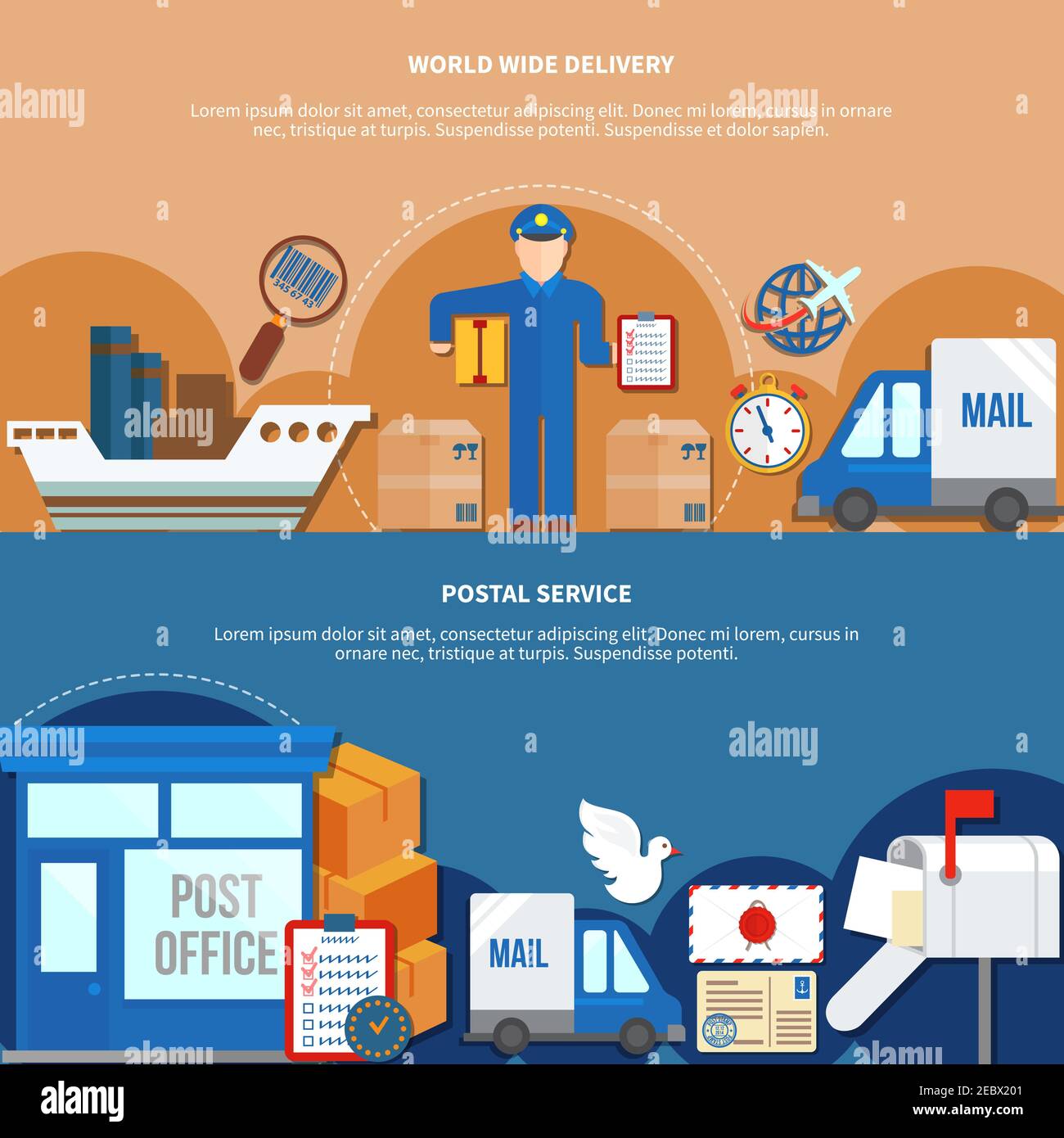 Mail communication horizontal banners in flat style with worldwide ...