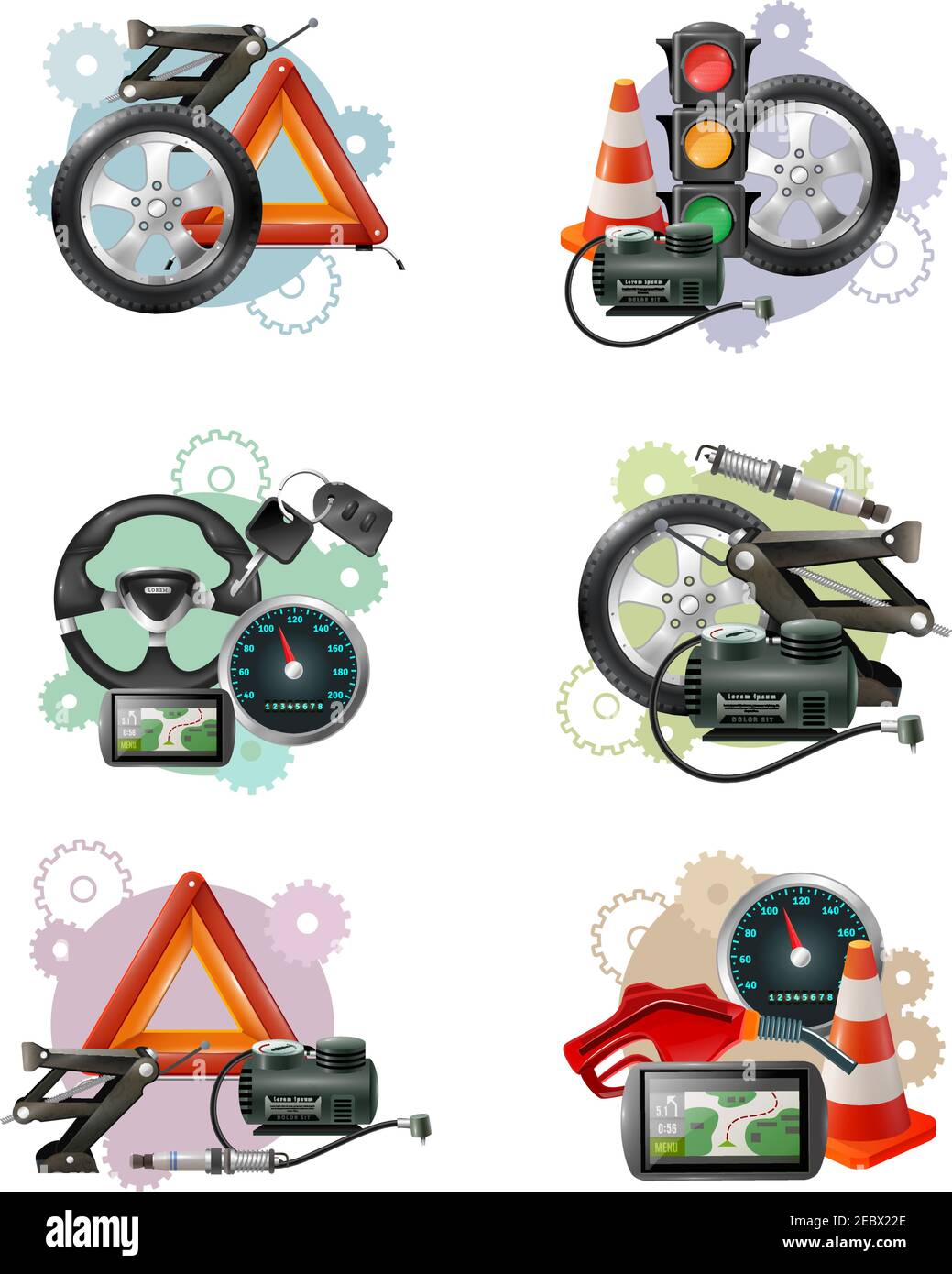 Car repair and maintenance symbol compositions set with wheels hand ...